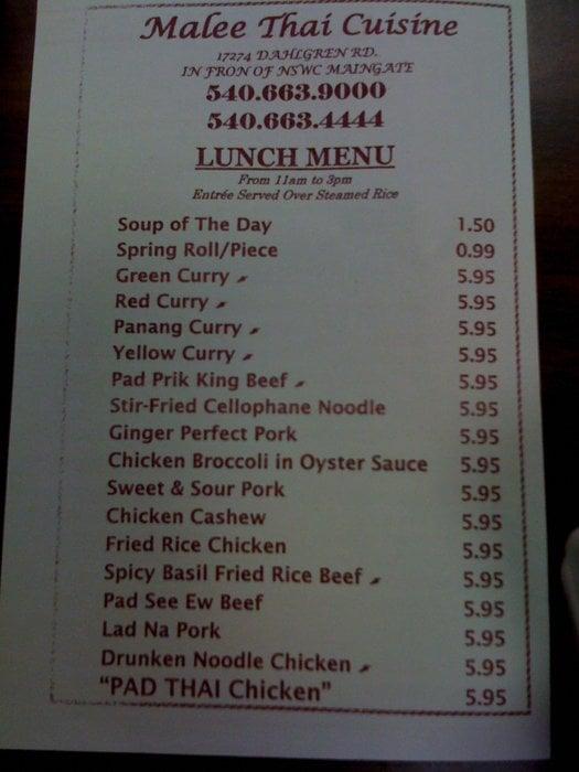 Menu at Dahlgren Thai Food restaurant, Dahlgren