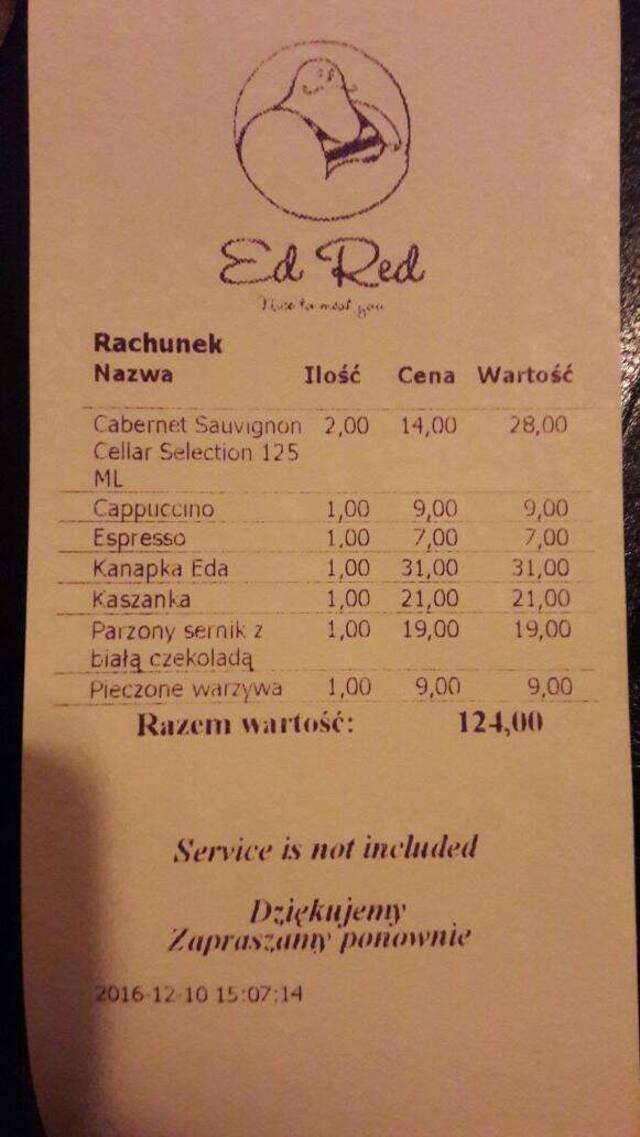 Menu at Ed Red restaurant, Kraków, Sławkowska 3