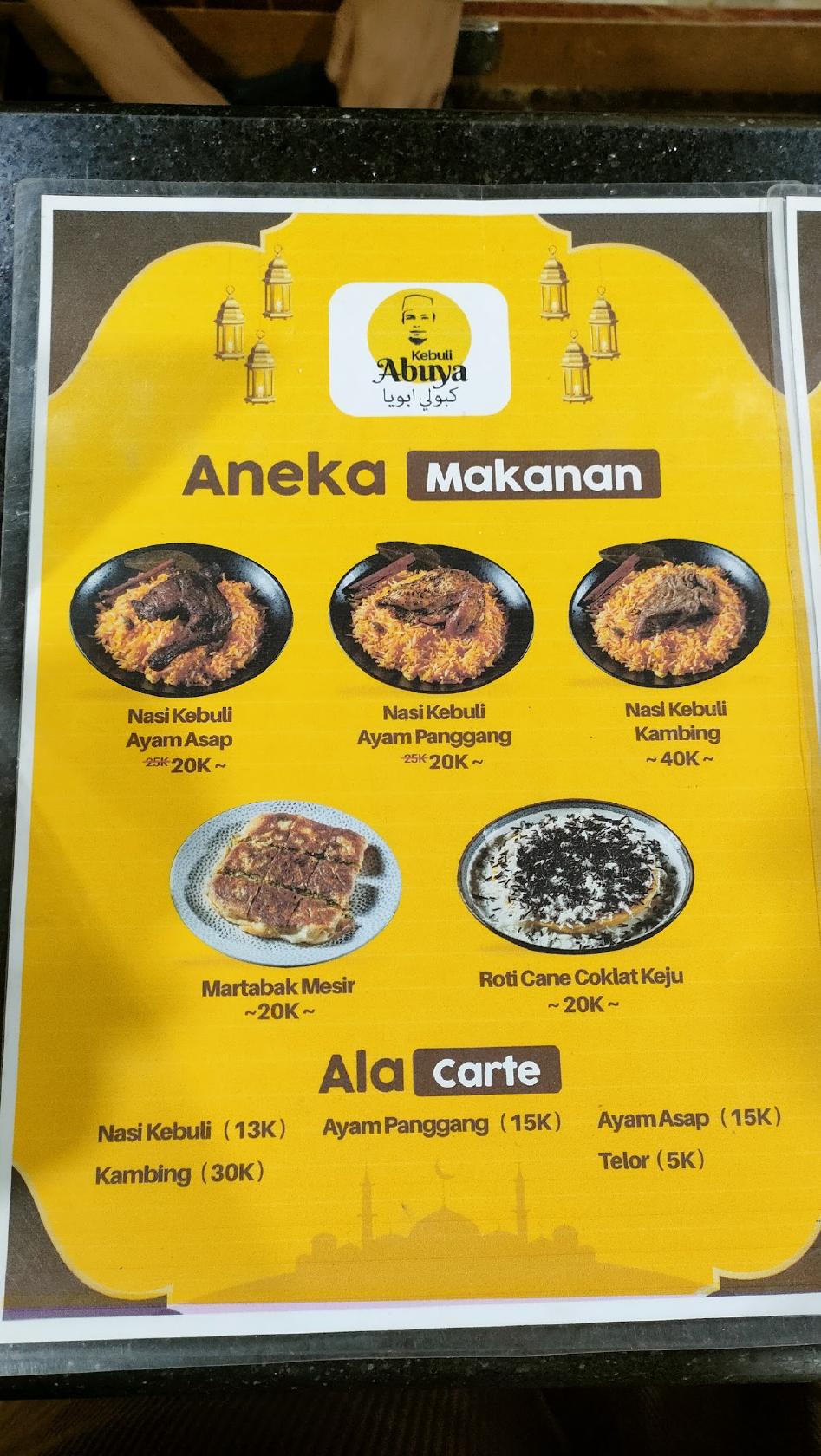 Menu at KEBULI ABUYA TANAH ABANG restaurant, Central Jakarta