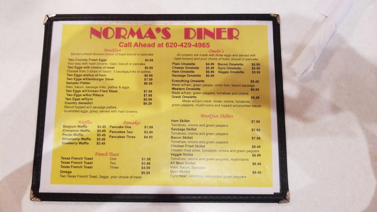 Menu at Norma's Diner restaurant, Columbus, 126 S Kansas Ave