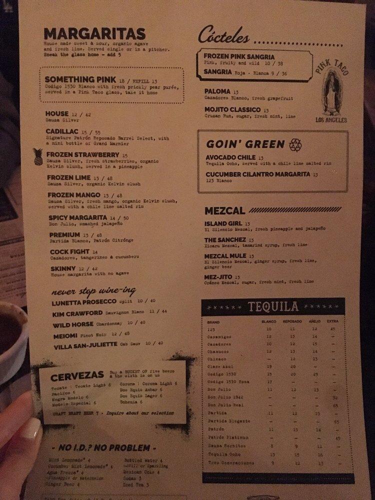Menu at Pink Taco restaurant, West Hollywood, Sunset Blvd
