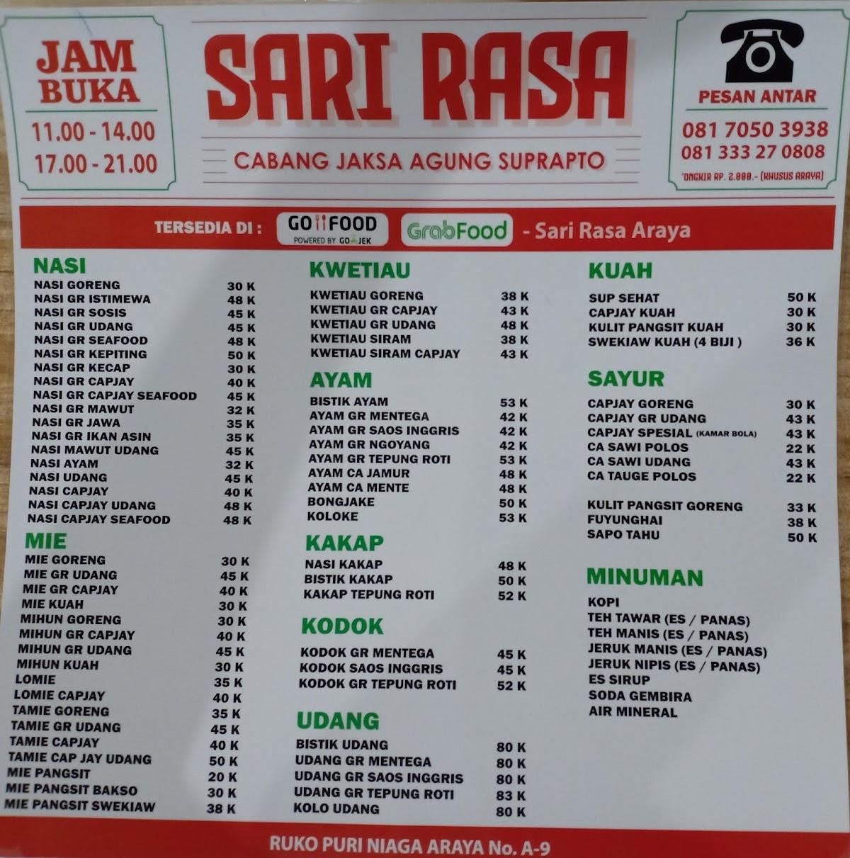 Carta del restaurante Sari Rasa Araya, Malang