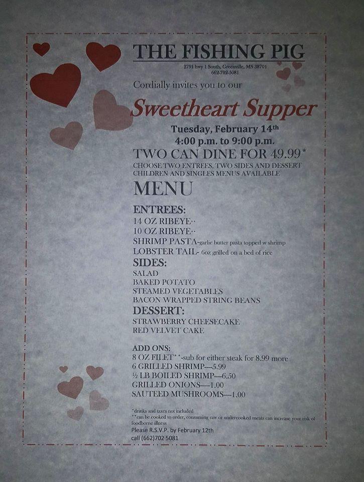 Menu at The Fishing Pig restaurant, Greenville