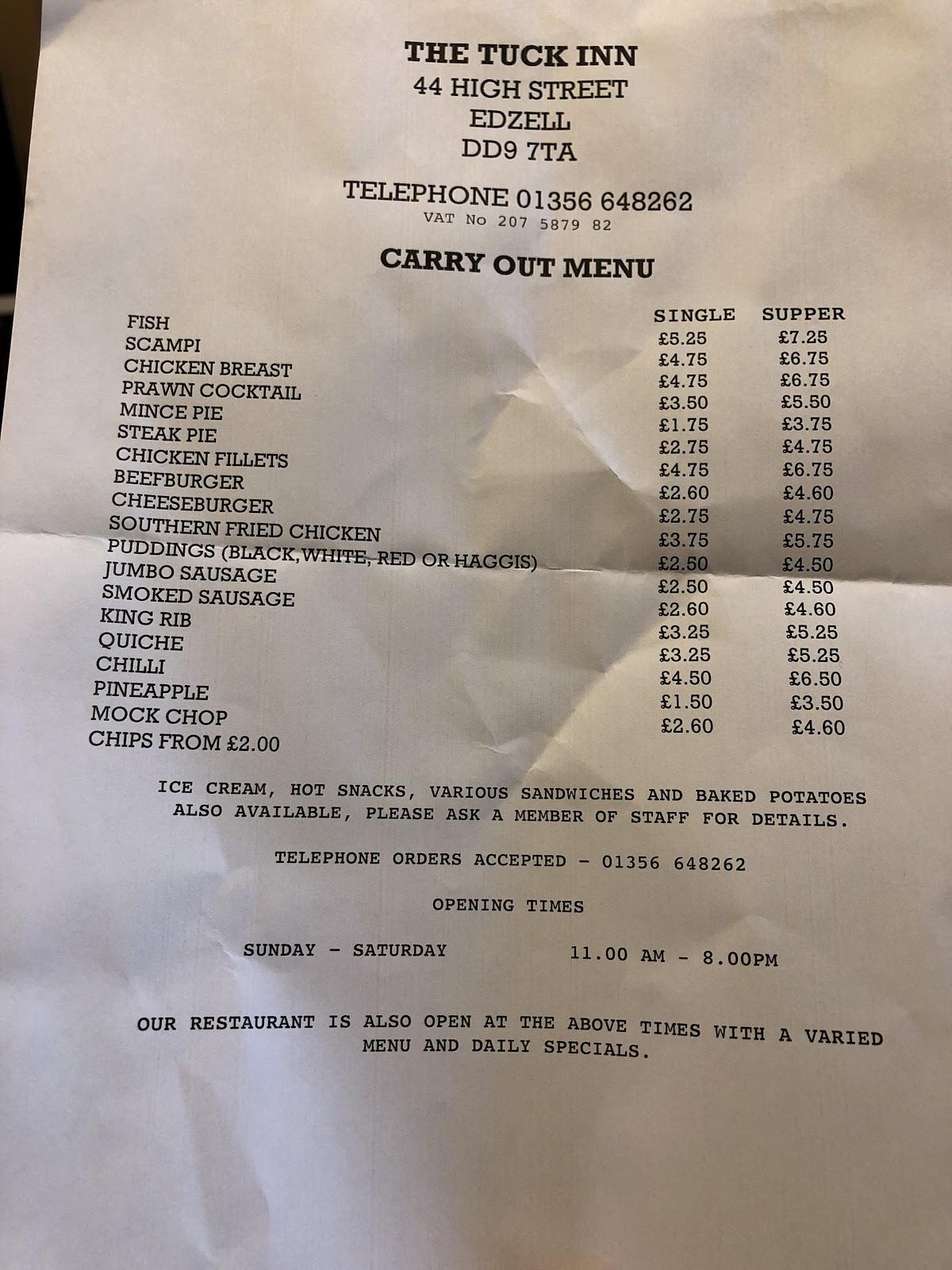 Menu at The Tuck Inn restaurant, Edzell