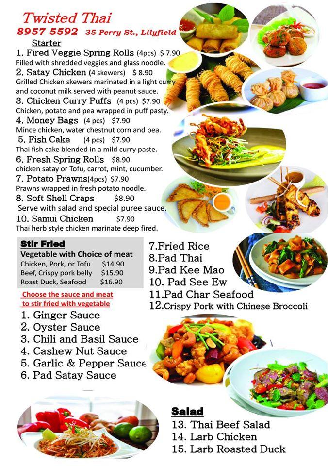 Menu at Twisted Thai restaurant, Lilyfield