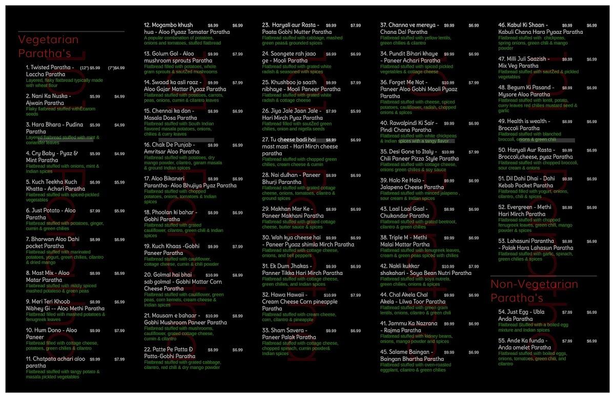 Menu at 101 Paratha desserts, Irving