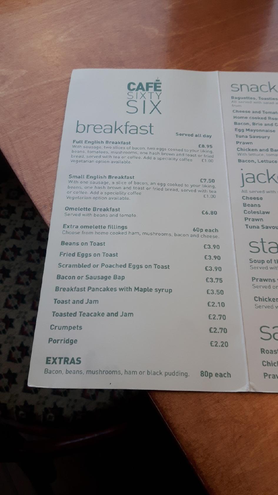 Menu at Cafe Sixty Six, Warcop