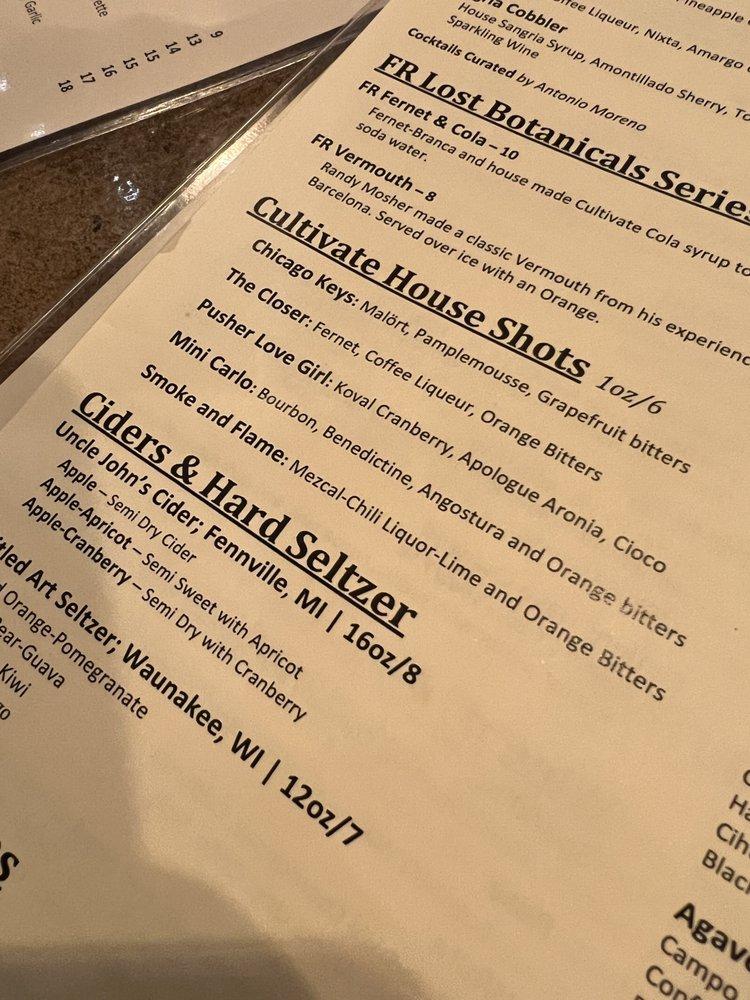 Menu at Cultivate by Forbidden Root restaurant, Chicago