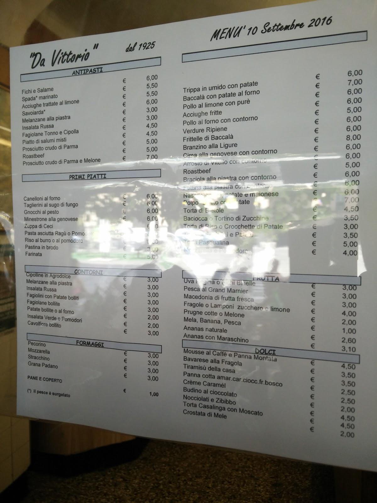 Menu da Da Vittorio ristorante, Chiavari