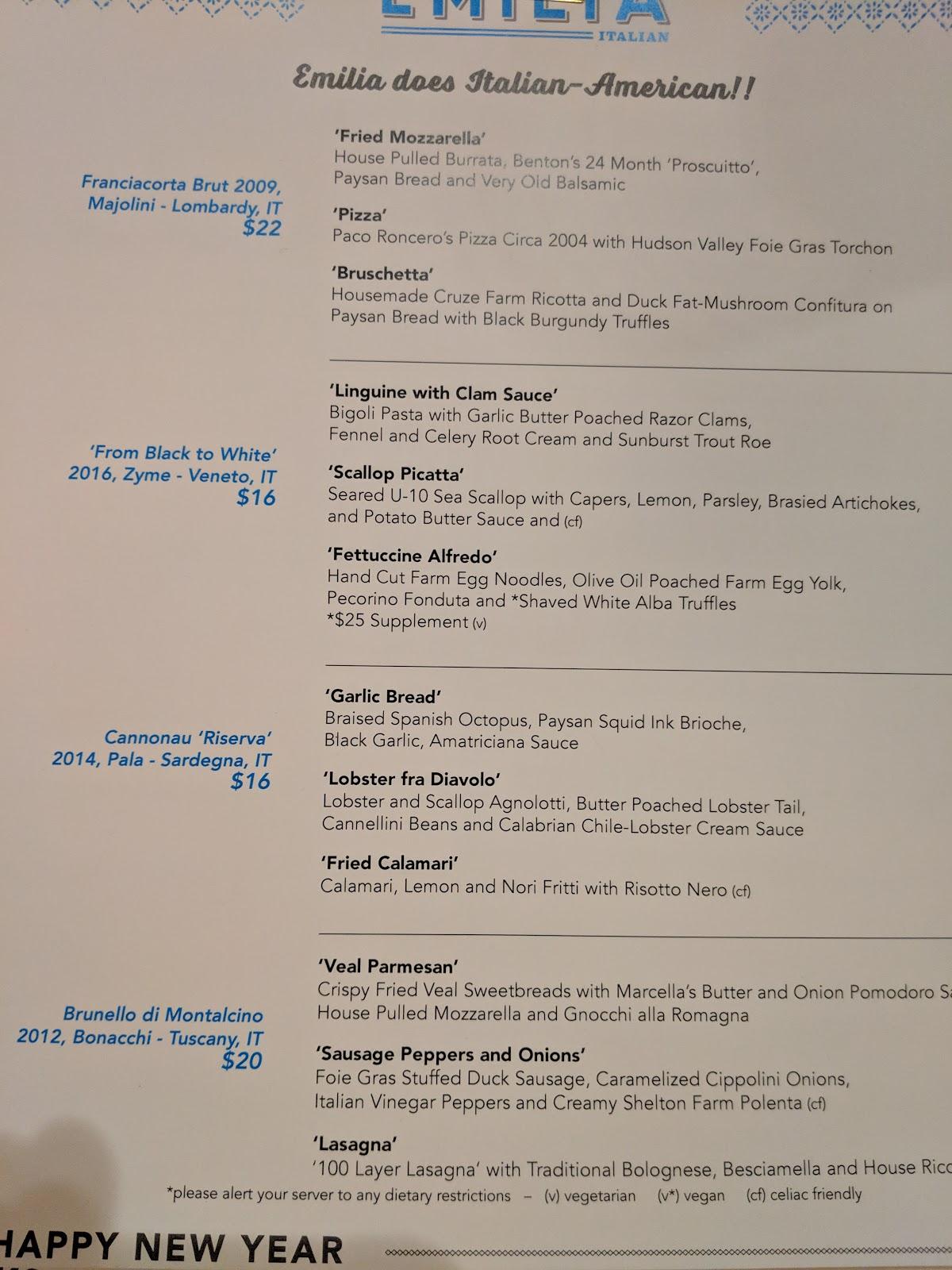 Menu at Emilia restaurant, Knoxville