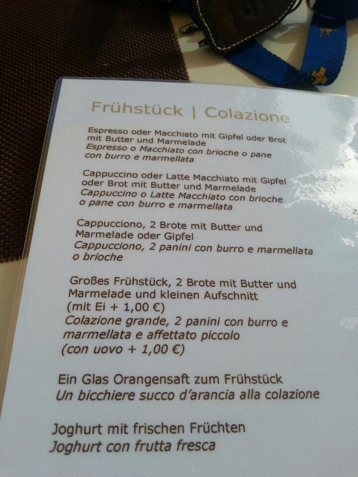 Menu at Gleis 2 cafe, Naturns