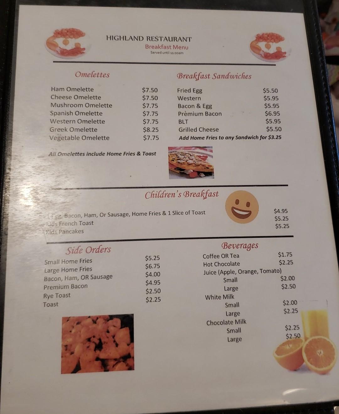 Menu at Highland Family Restaurant, Embro