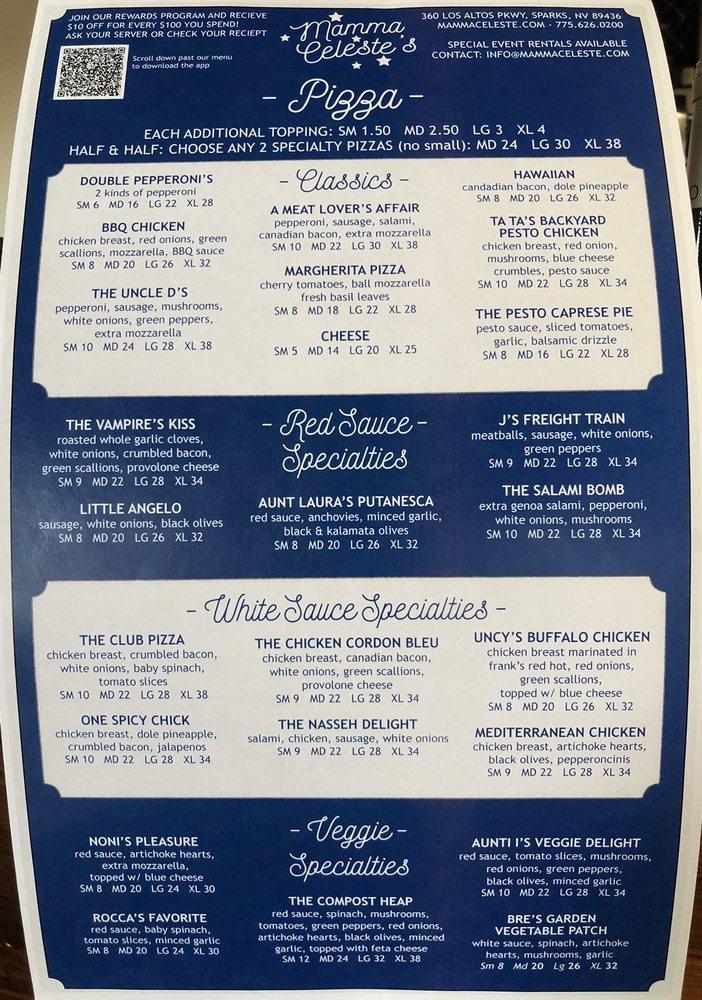 Menu at Mamma Celeste's Gastropub & Pizzeria, Sparks