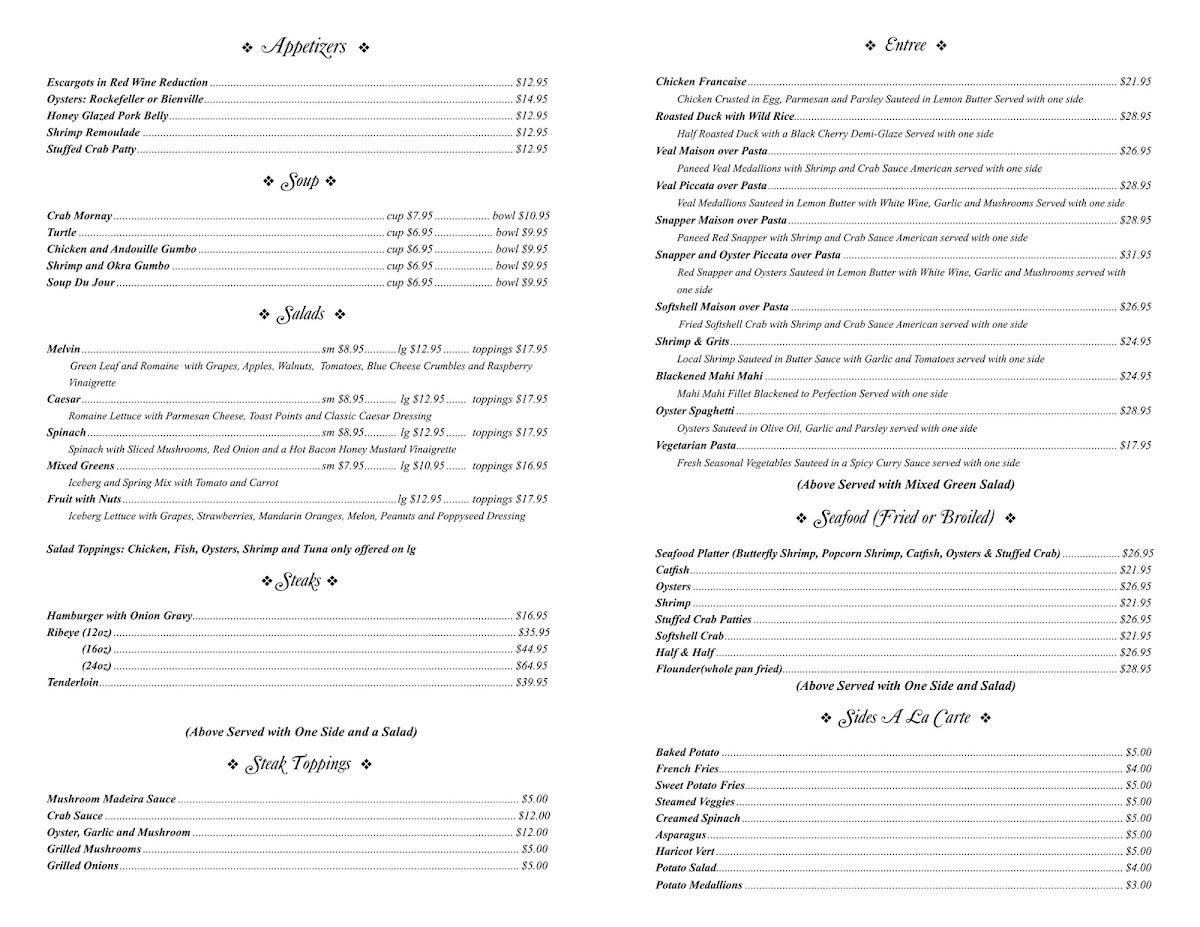 Menu at Melvin's Restaurant, Houma
