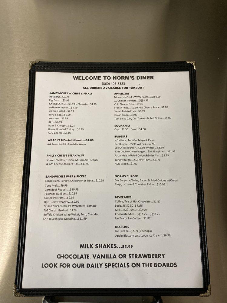 Menu at Norm's Diner restaurant, Groton