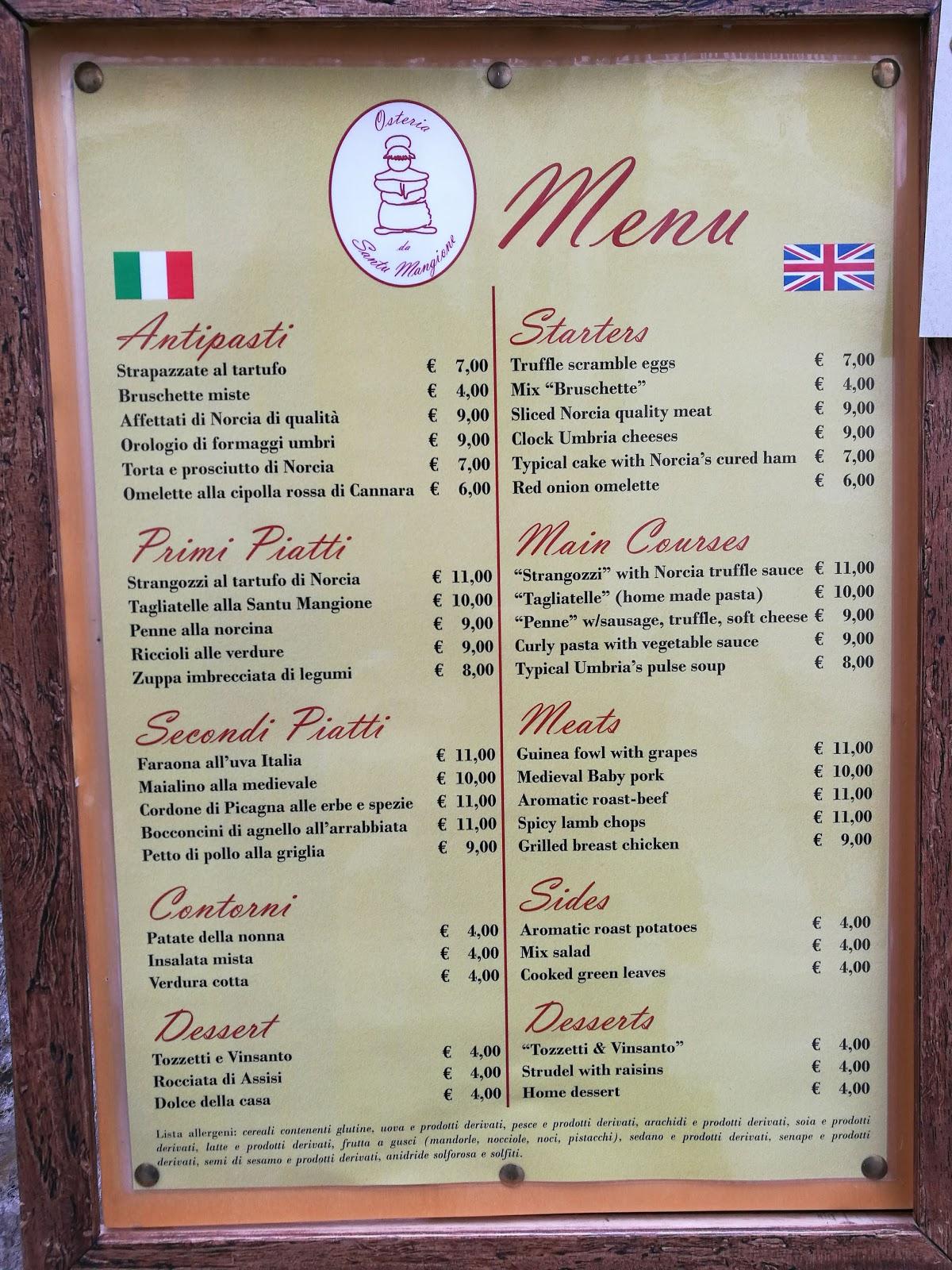 Menu at Osteria da Santu Mangione restaurant, Assisi