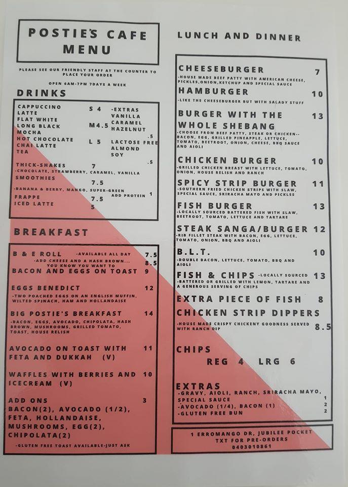 Menu at Westy’s Cafe, Jubilee Pocket