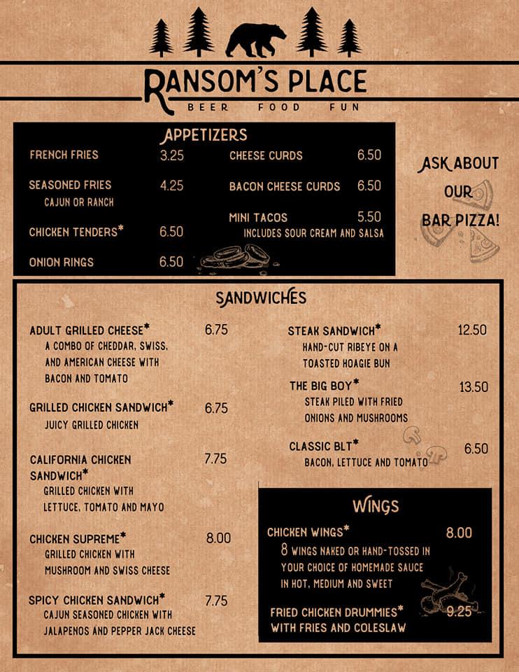 Menu at Ransom's Place pub & bar, Clam Lake