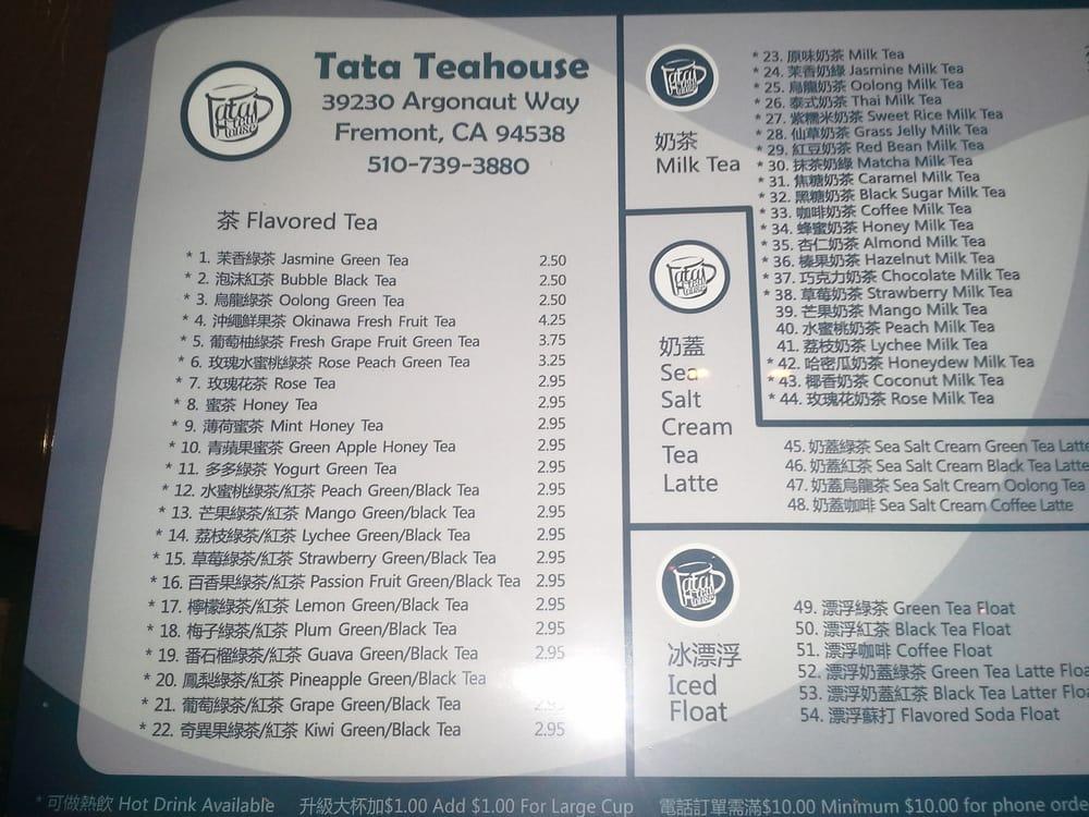 Menu at Tata Teahouse pub & bar, Fremont