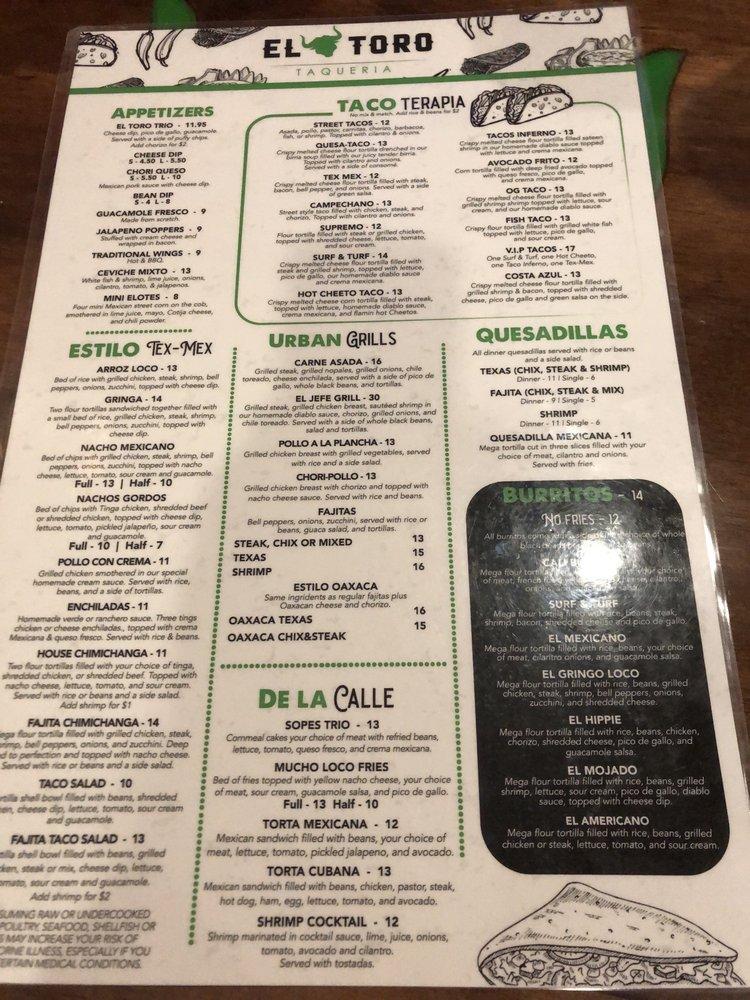 Menu at El Toro Taqueria restaurant, Grovetown