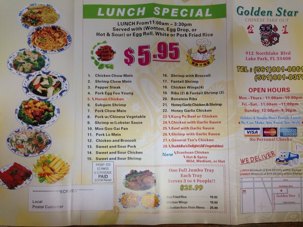 Menu at Golden Star restaurant, North Palm Beach