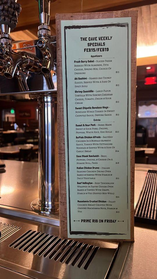 Menu at The Cave steakhouse, Delta Junction