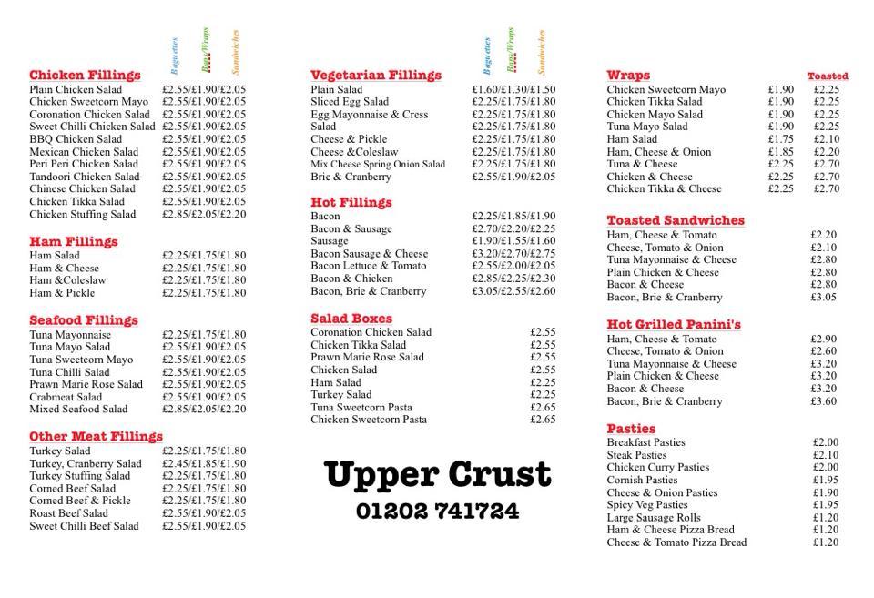 Menu at Upper Crust Sandwich Bar & Bakery, Poole