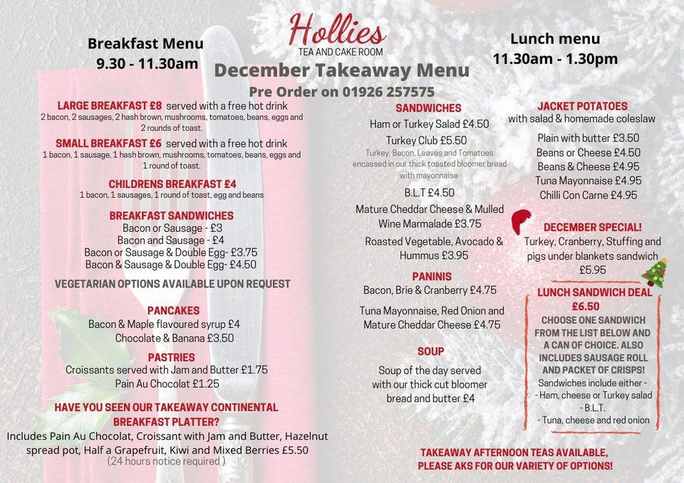 Menu at Hollies Tea and Cake Room cafe, Royal Leamington Spa