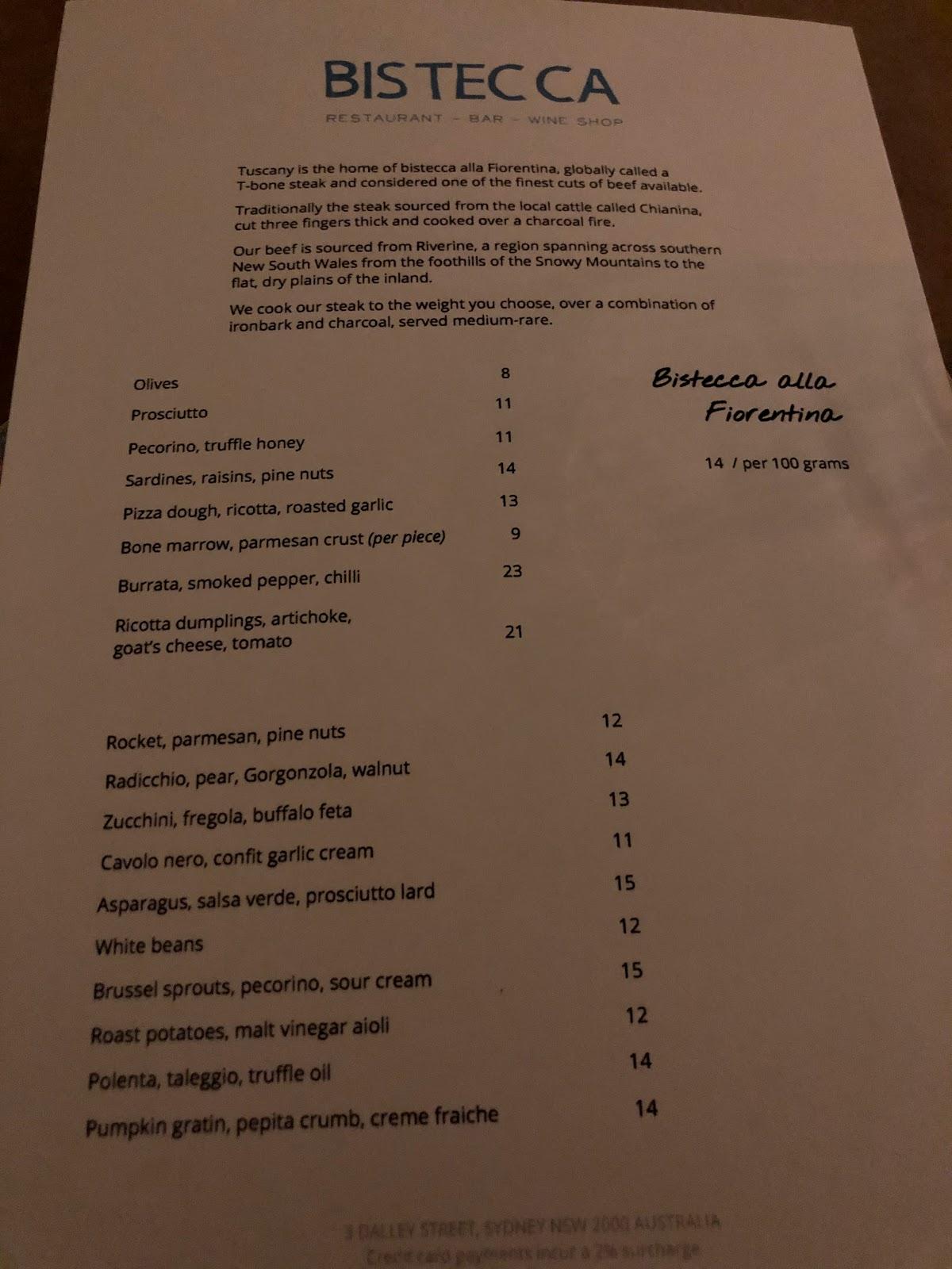 Menu at BISTECCA restaurant, Sydney