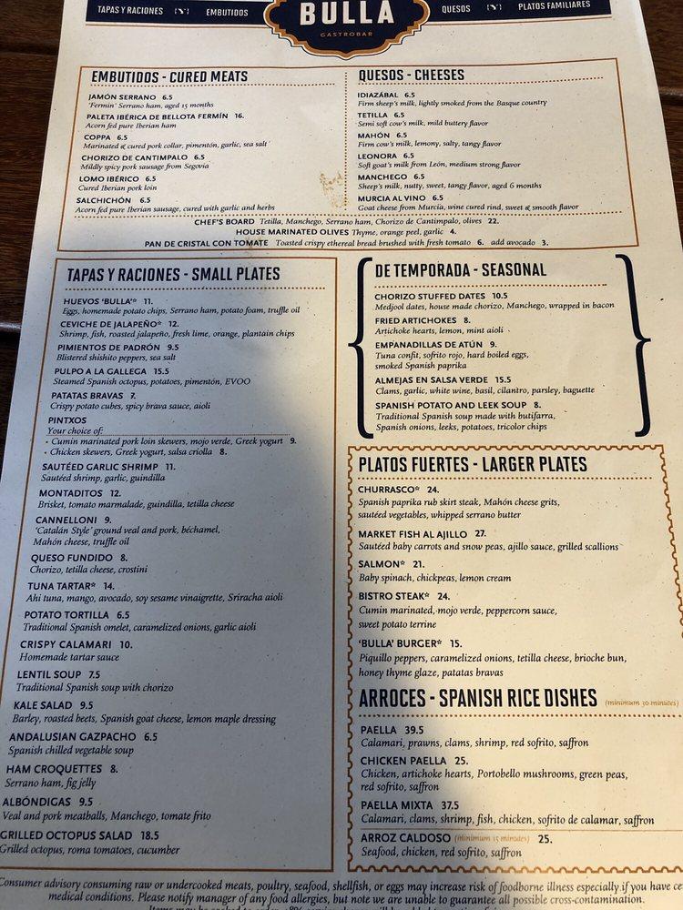 Carta de Bulla Gastrobar, Charlotte