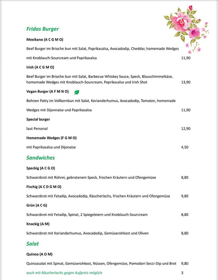 Menu at Café Frida restaurant, Vienna