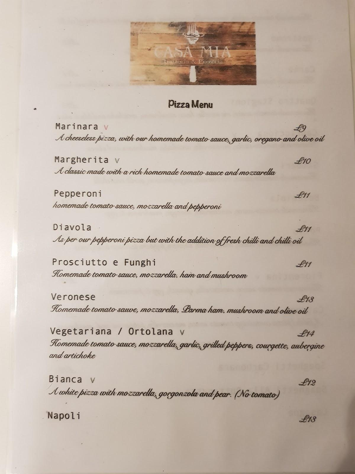 Menu at Casa Mia restaurant, Brundall