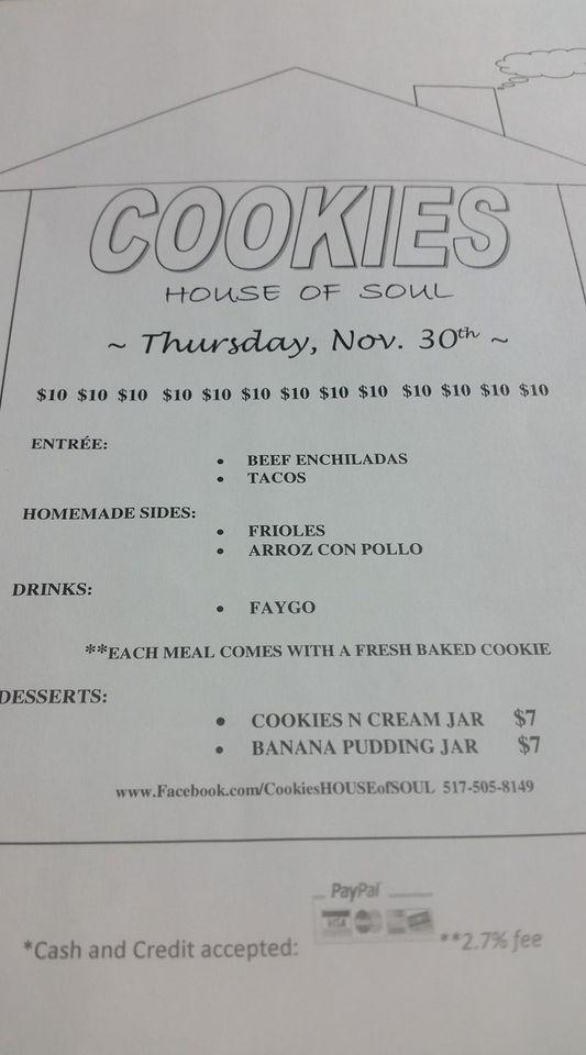 Menu at Cookies HOUSE of SOUL restaurant, Lansing, Southside- Old ...
