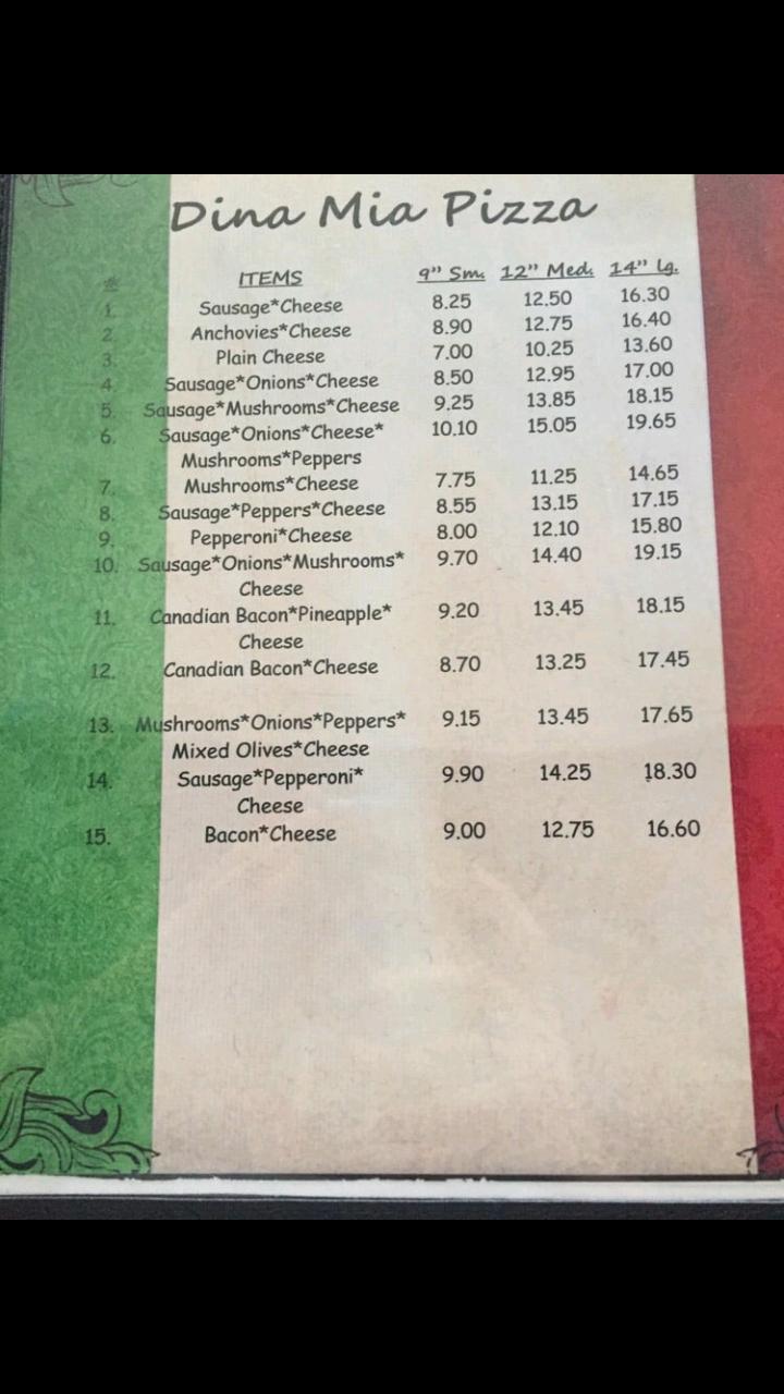 Menu at Dina Mia Pizza pizzeria, Rhinelander