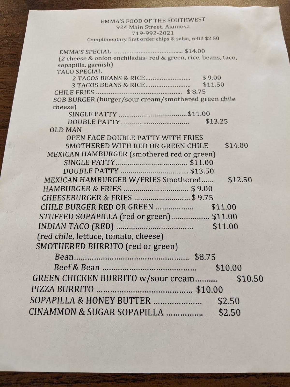 Carta del restaurante Emma's Authentic Food Of The Southwest, Alamosa