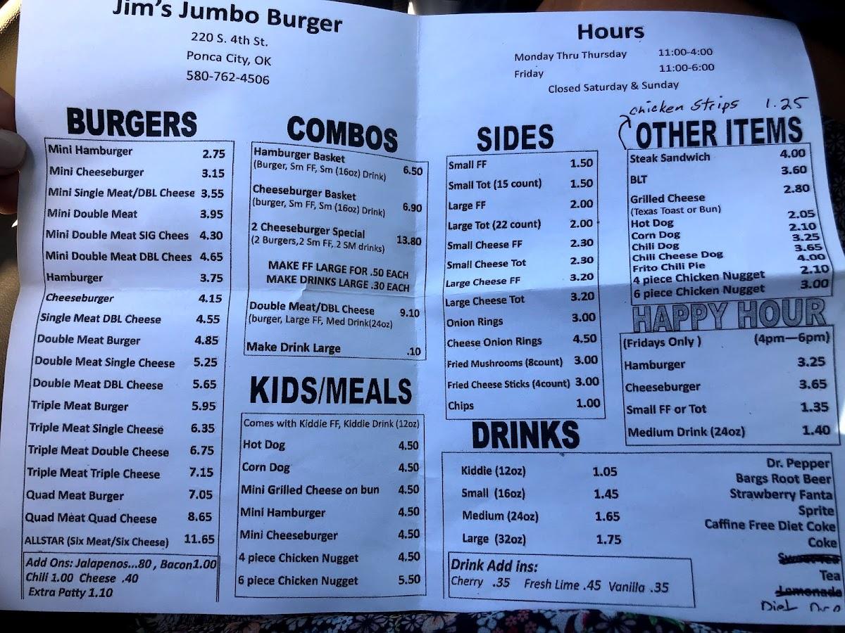 Menu at Jim's Jumbo Burger restaurant, Ponca City