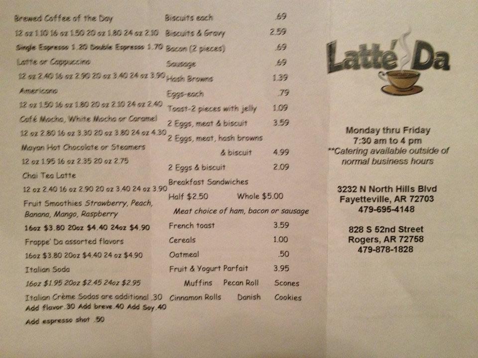 Menu at Latte' Da cafe, Rogers