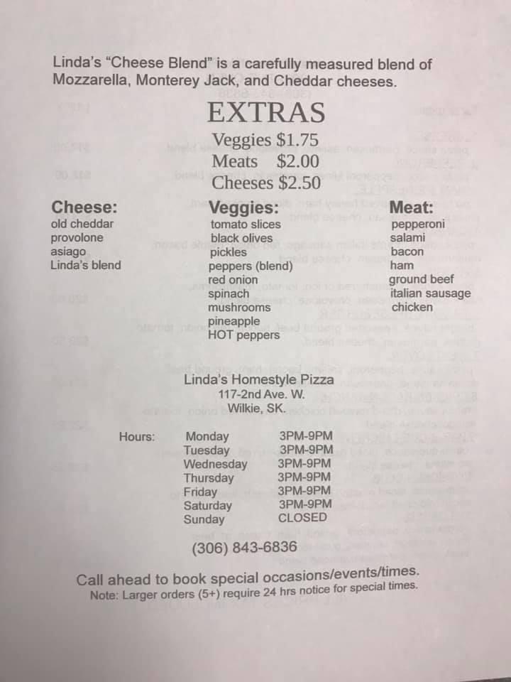 Menu at Linda's Homestyle Pizza pizzeria, Wilkie