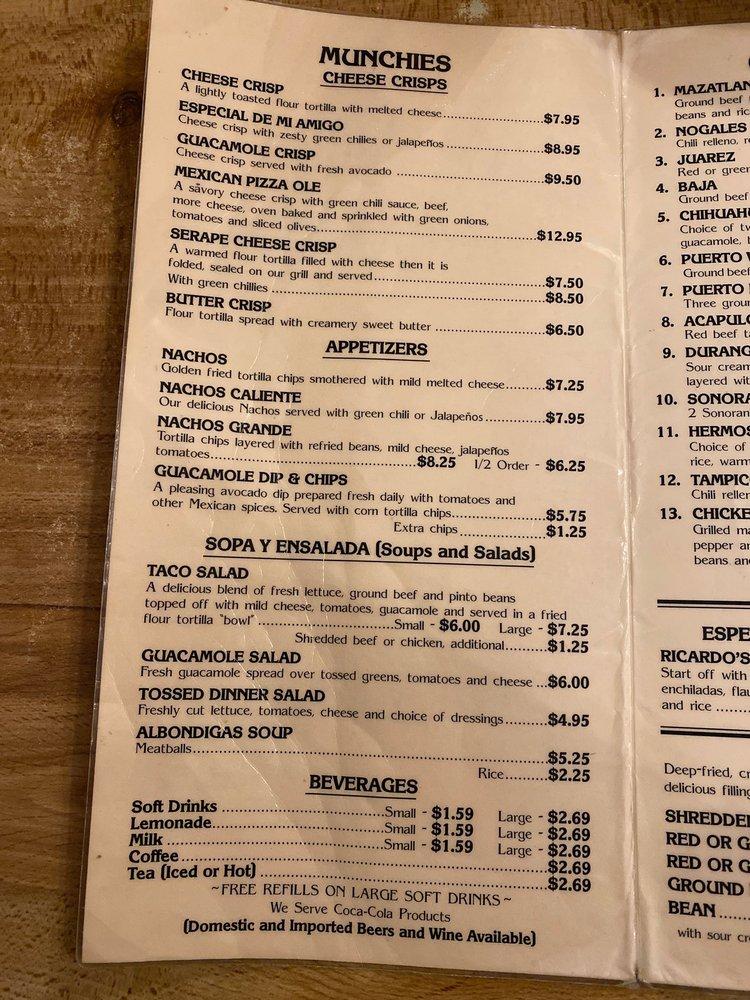 Menu at Mi Amigo Ricardo restaurant, Casa Grande