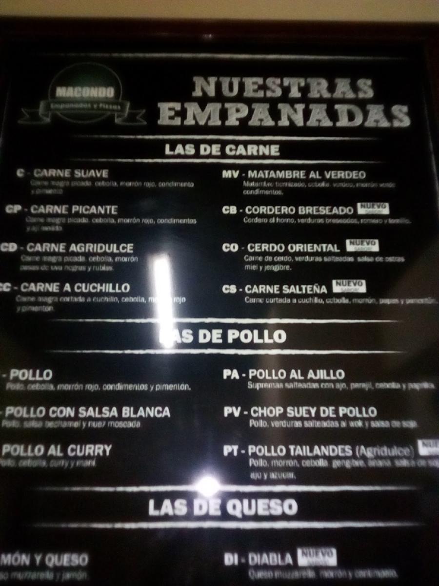 Menu at Macondo Padua restaurant, San Antonio de Padua