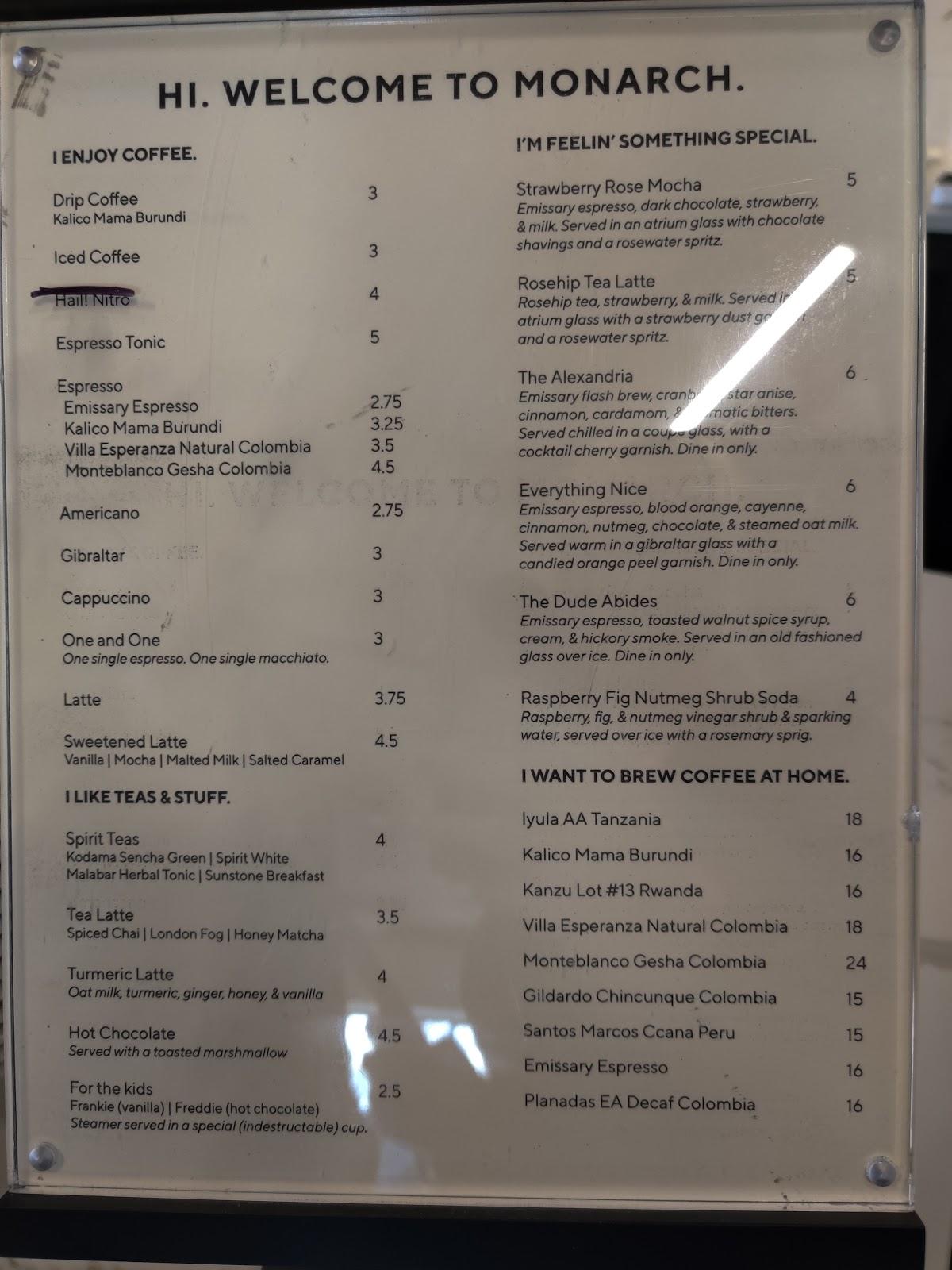 Menu at Monarch Coffee on Grand cafe, Kansas City, Grand Blvd