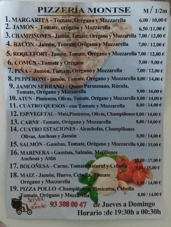Menu at Pizzeria Montse, Barcelona