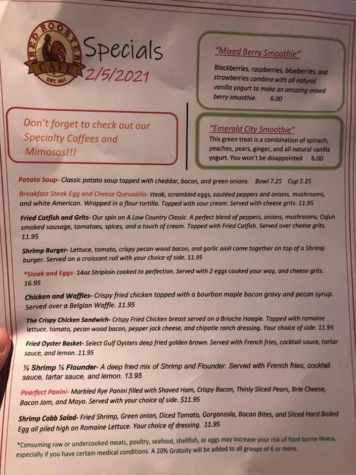 Menu at Red Rooster Cafe, Beaufort, Boundary St