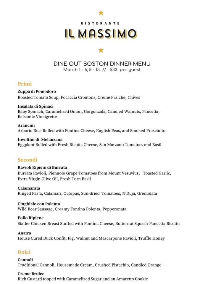 Carta del restaurante Il Massimo - Legacy Place, Dedham