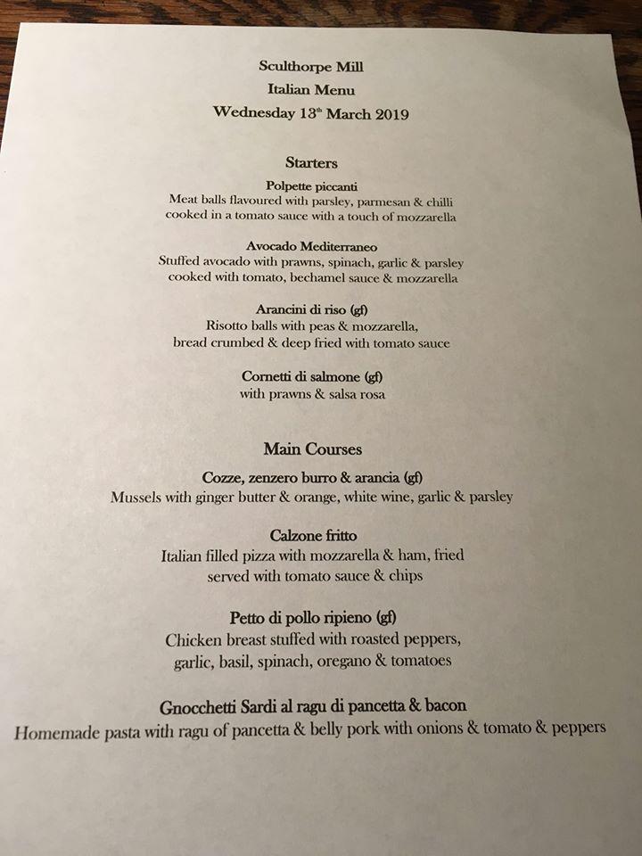 Menu at Sculthorpe Mill restaurant, Sculthorpe