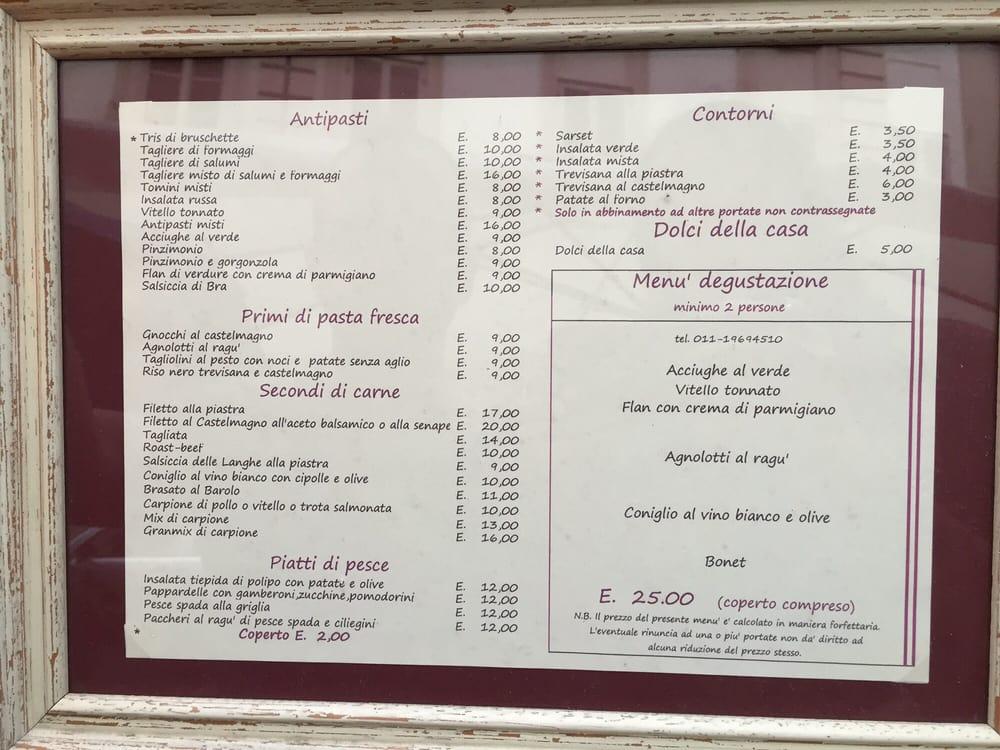 Menu at Locanda da Betty restaurant, Turin