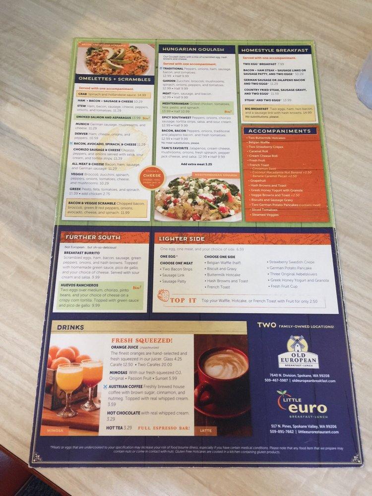 Menu at Old European restaurant, Spokane
