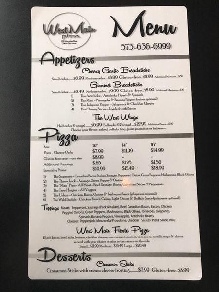 Menu at West Main Pizza pizzeria, Jefferson City