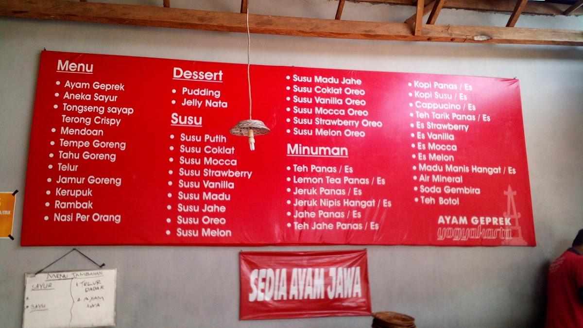 Menu at Ayam Geprek YOGYAKARTA restaurant, Wonogiri