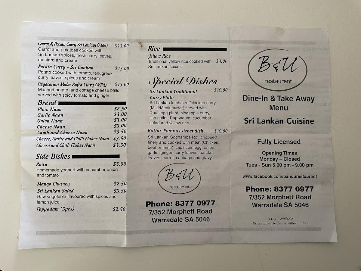 Menu at B & U restaurant, Warradale